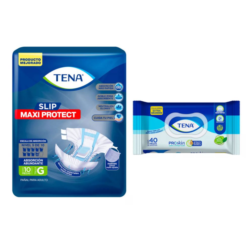 KIT 1 TENA SLIP MAXI PROTECT GRANDE 10 PZS+ 1 TENA TOALLAS HUMEDAS