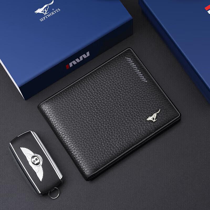 Cartera SEPTWOLVES de Cuero Genuino Negra para Hombre