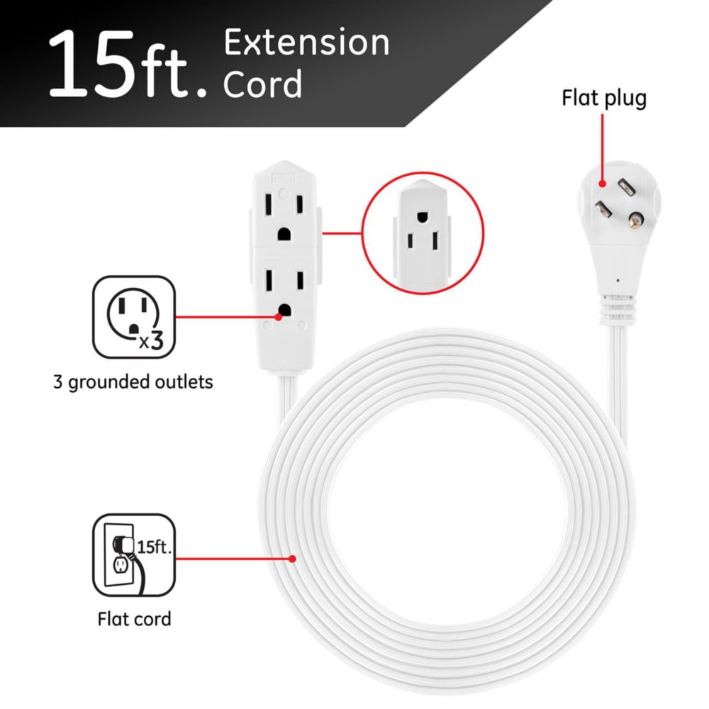 GE 56986 - Cable de extensión plano de 3 tomas, cable de extensión a ...