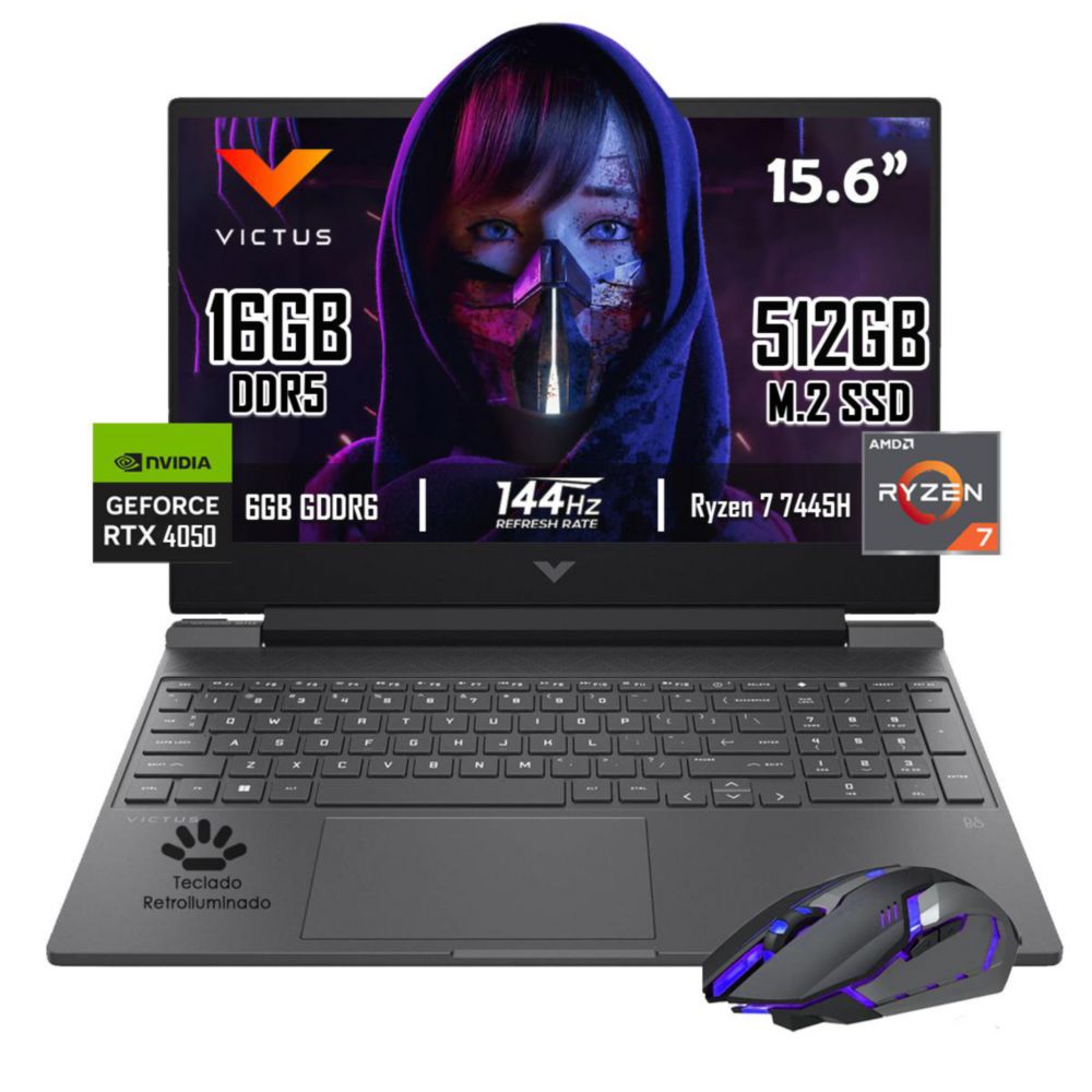 Laptop Hp Victus Gamer Ryzen 7-7445h 512gb 16gb Rtx4050 con Mouse